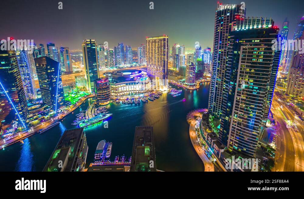 night illumination dubai marina mall hotel rooftop 4k time lapse uae ...