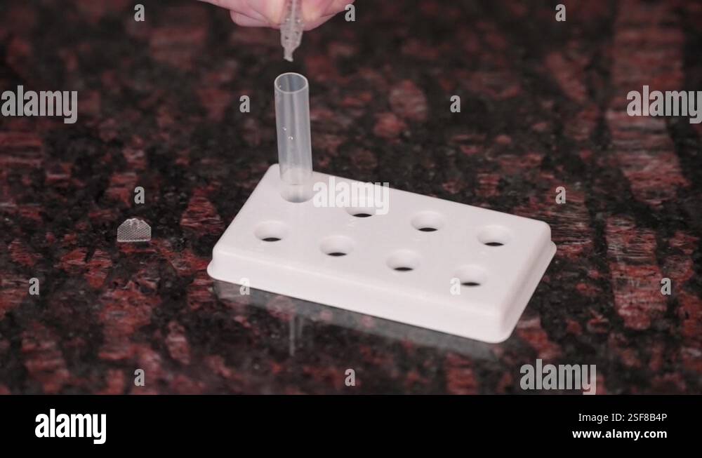 Squeezing droplets of solution into a COVID-19 rapid antigen test tube ...