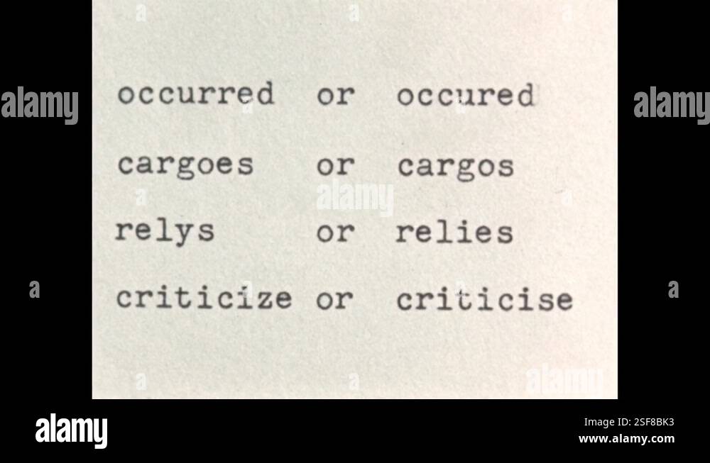 1950s: A typewritten page with four pairs of commonly misspelled words ...