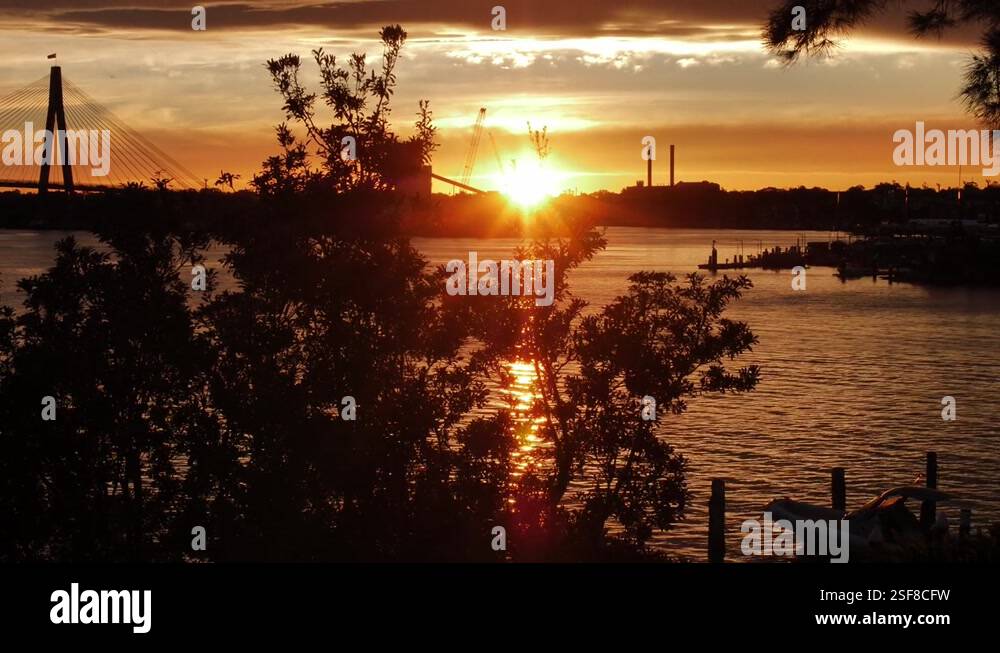 Zoom out sunset over Sydney harbour and Anzac bridge 4K Stock Video ...
