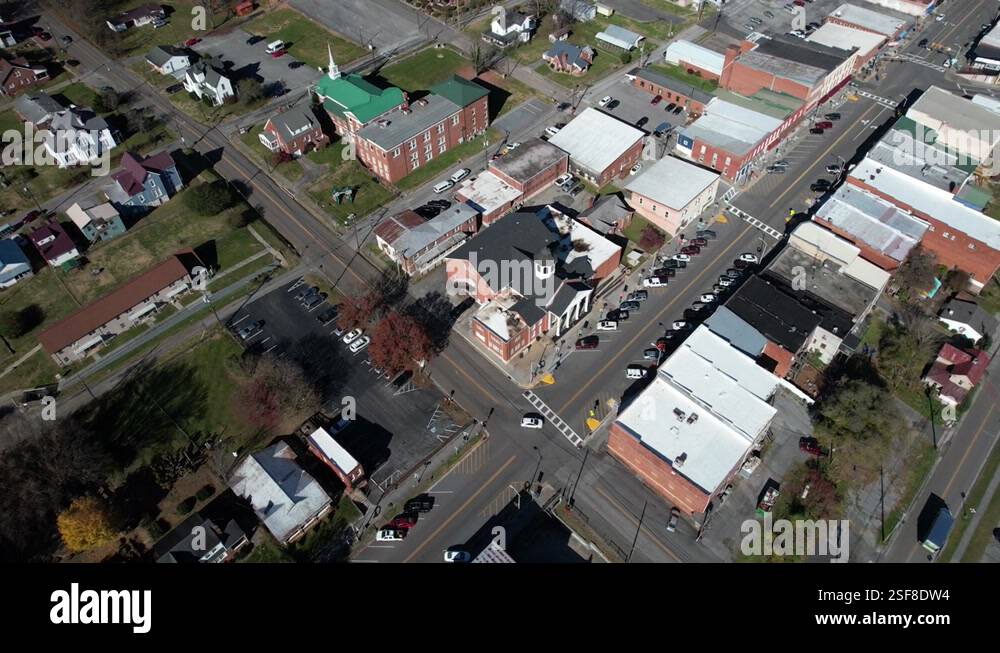 Aerial view, downtown Gate City street intersection and buildings on ...