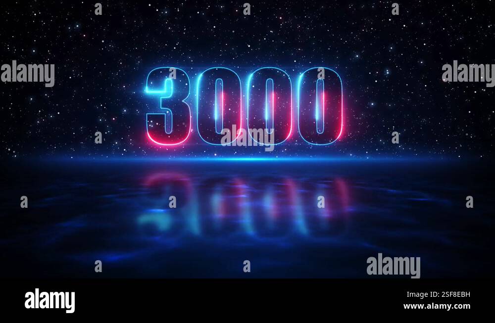 Red Blue Number 3000 Neon Sign On Starry Sky Light Reflection Water ...