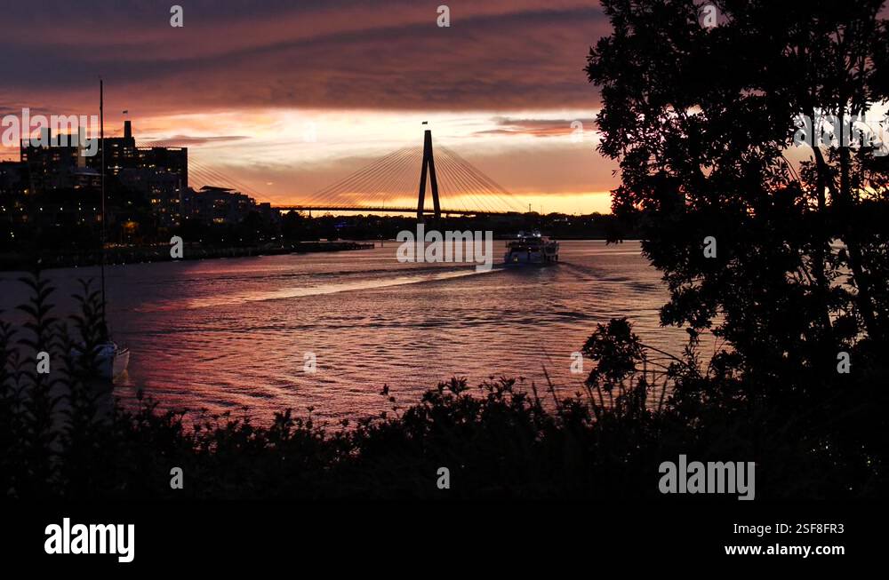 Silhouette Anzac bridge in Sydney during sunset slow motion 4K Stock ...