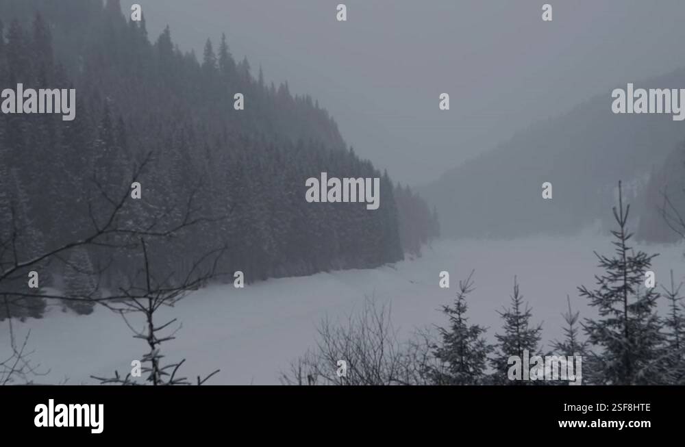 Frigid Climate In A Winterly Forest Mountains Near Countryside. Static ...