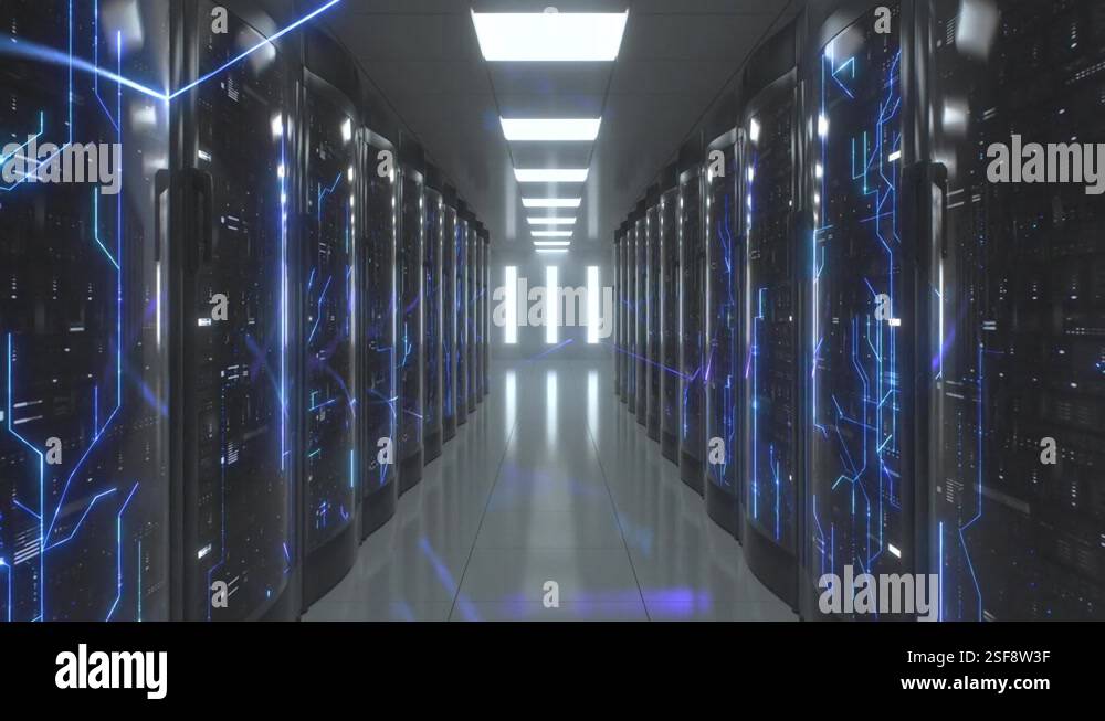 Working data center full of rack servers with futuristic network ...