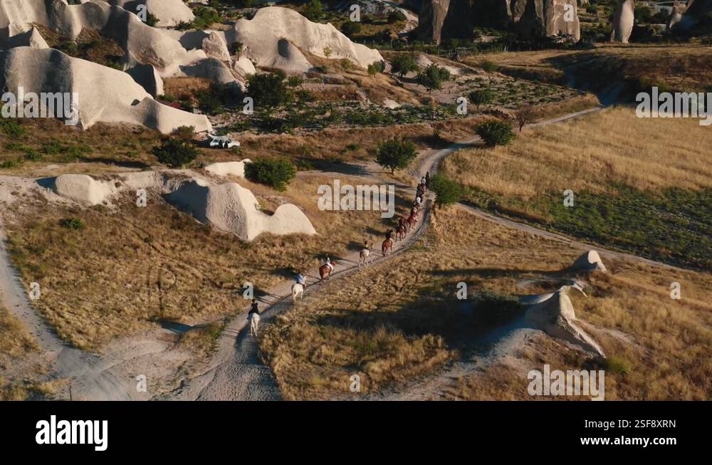 Beautiful wide aerial background, column of horse riders moving slowly ...