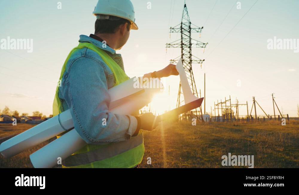 Architect Worker Checking Construction Project On Electric Tower. One ...