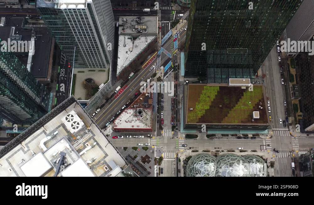 Overhead aerial of Amazon's many building in Seattle's South Lake Union ...