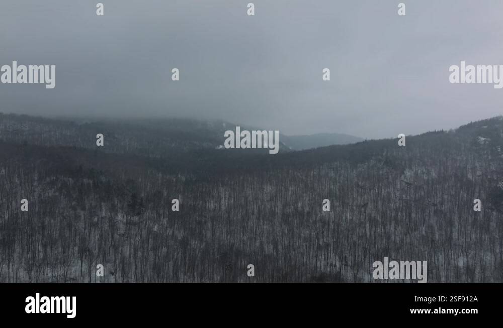 Winter Forest Mountains Against Overcast Sky In Quebec, Canada. Aerial ...