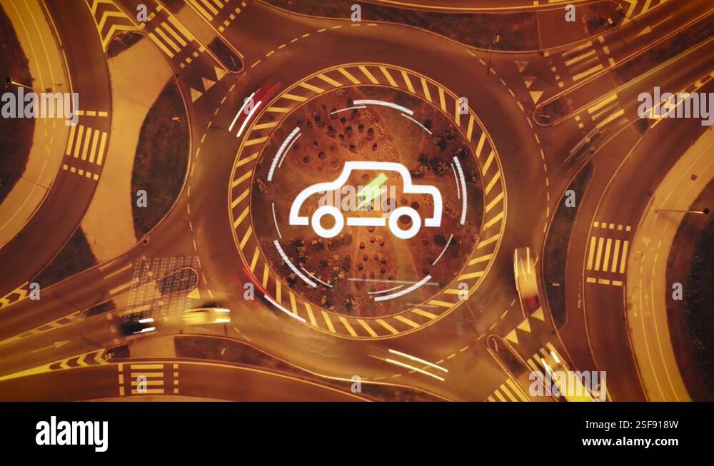 Electric car AI control system in a roundabout - 3D render - Top down ...