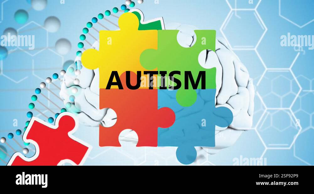 Animation of autism awareness month text over puzzle and dna strand ...