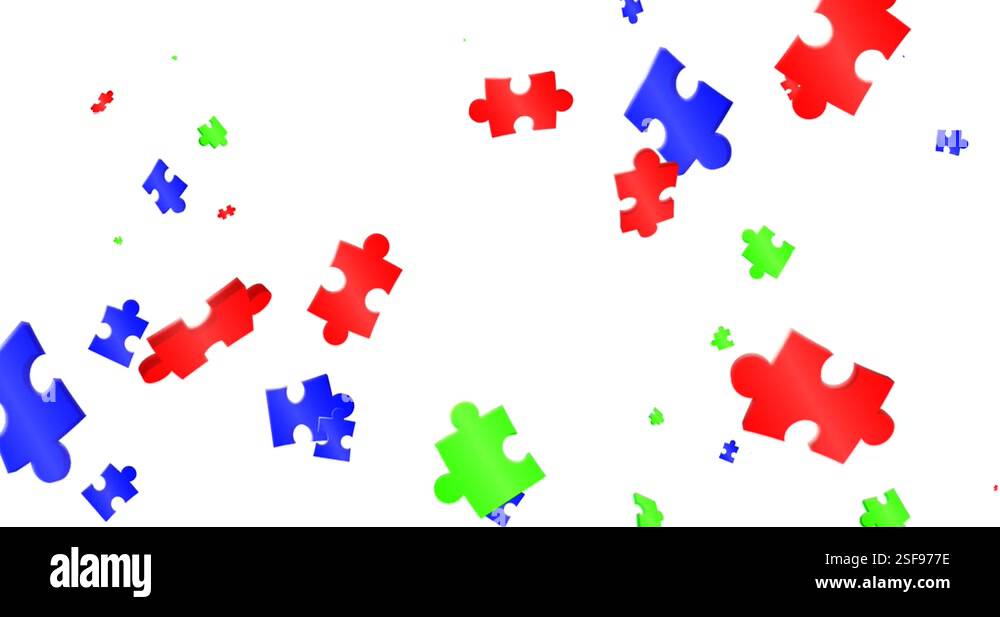 Animation of colourful pieces of puzzle falling on white background ...