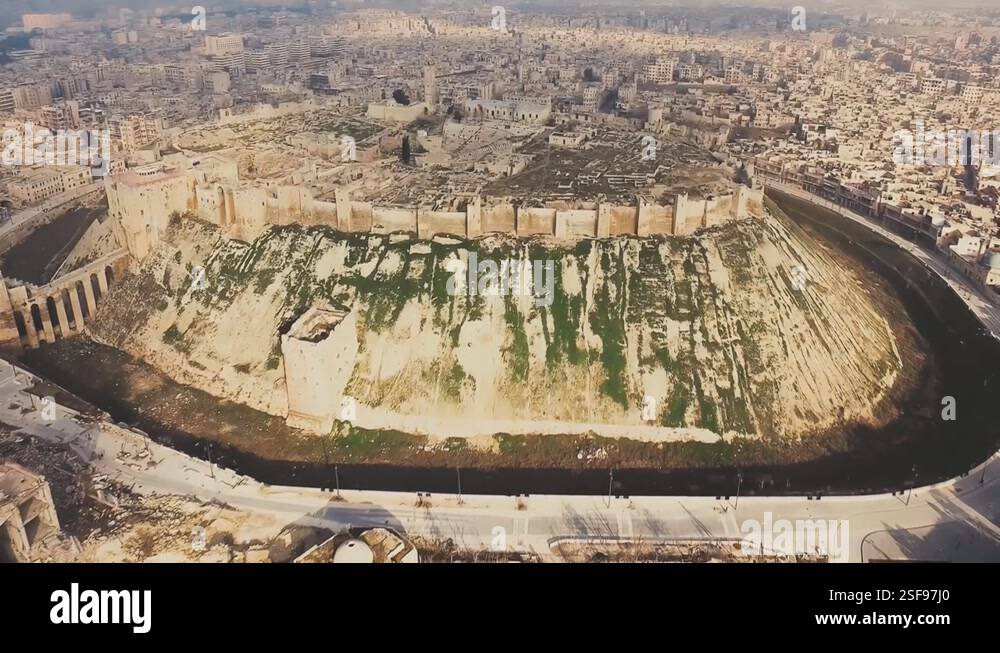 Aerial view of the citadel in the center of the city of Aleppo northern ...