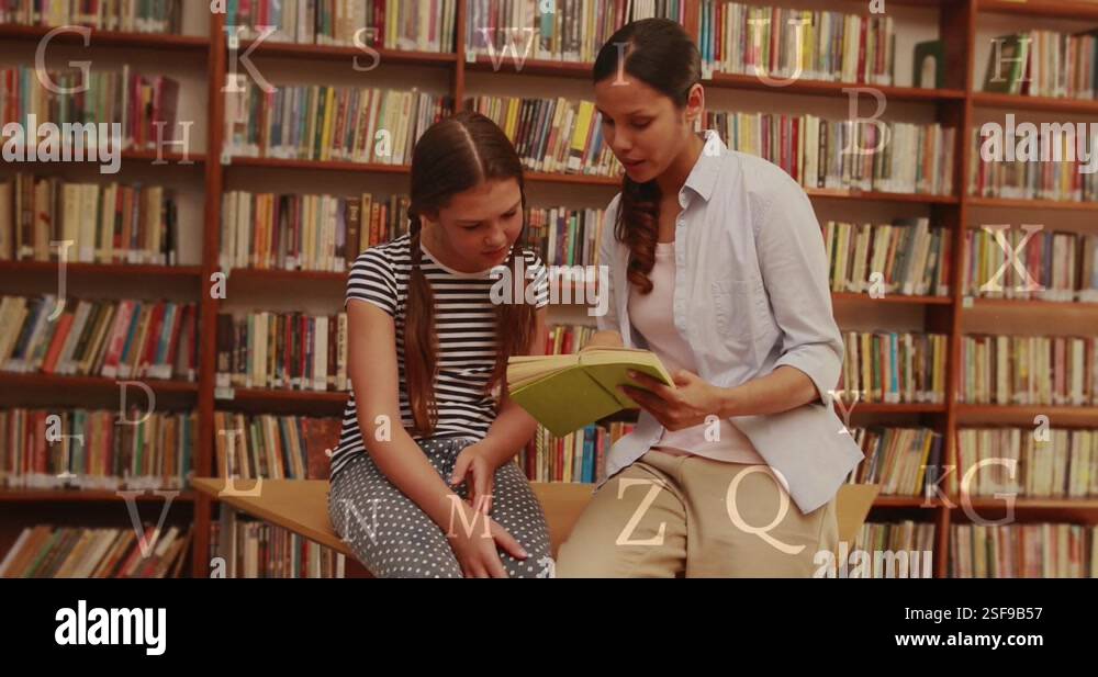 Animation of letters moving over happy schoolgirl and female teacher ...