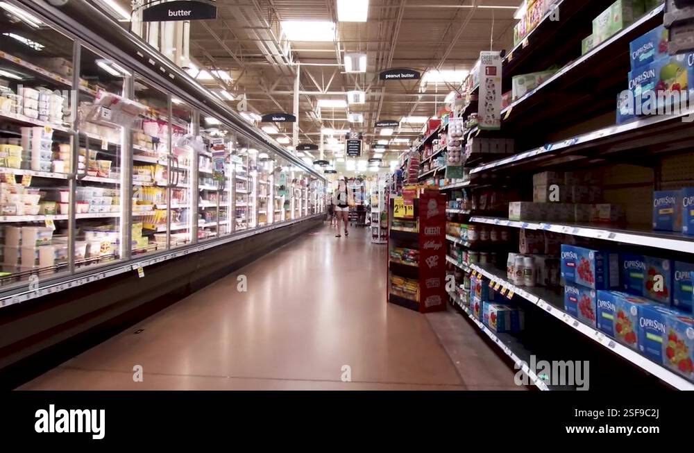 Kroger retail grocery store pan of empty kids juice box section and ...