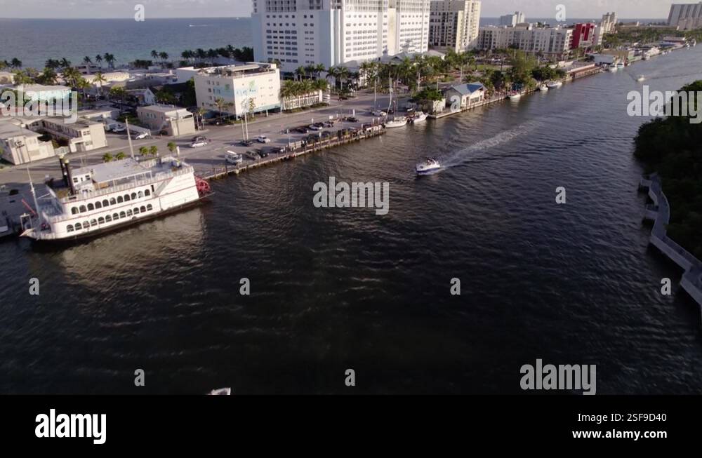 Aerial view over boats, towards the cityscape of Hollywood, Florida ...