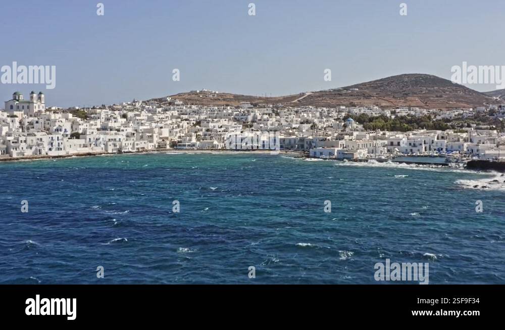 Naousa Paros Greece Aerial v1 low level drone flying toward the ...