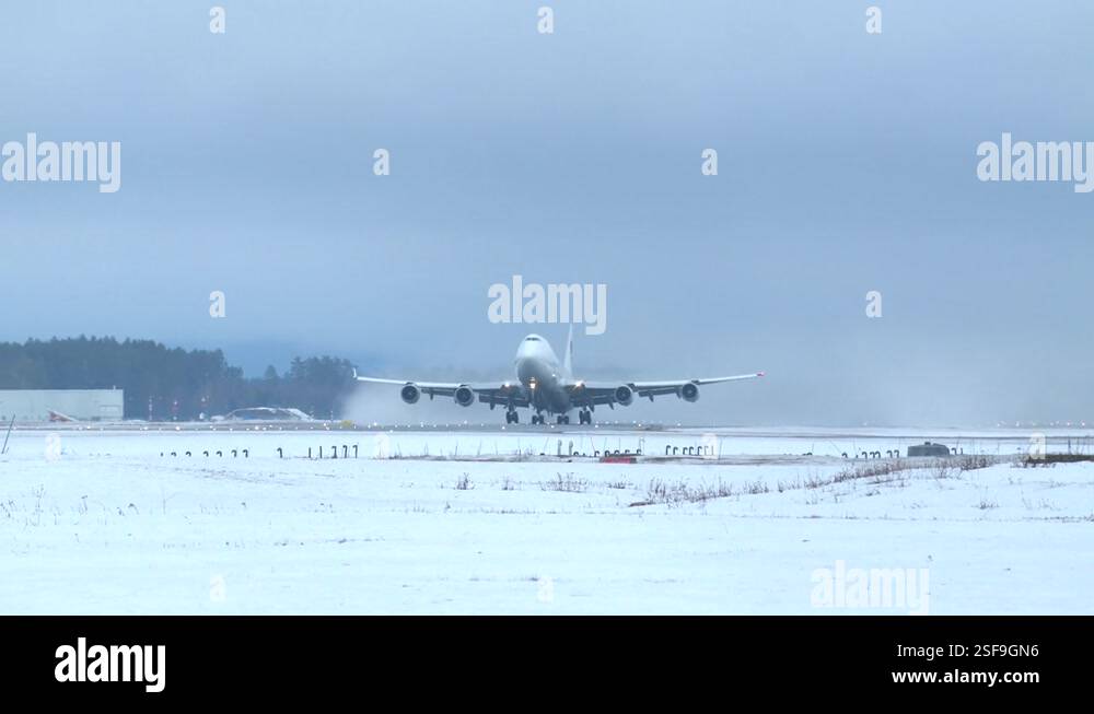 cargo airplane boeing 747 jumbo jet takeoff snow condition powerful ...