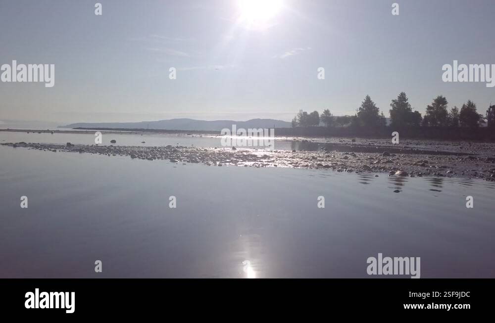 Drone aerial skimming along beach at low tide Stock Video Footage - Alamy
