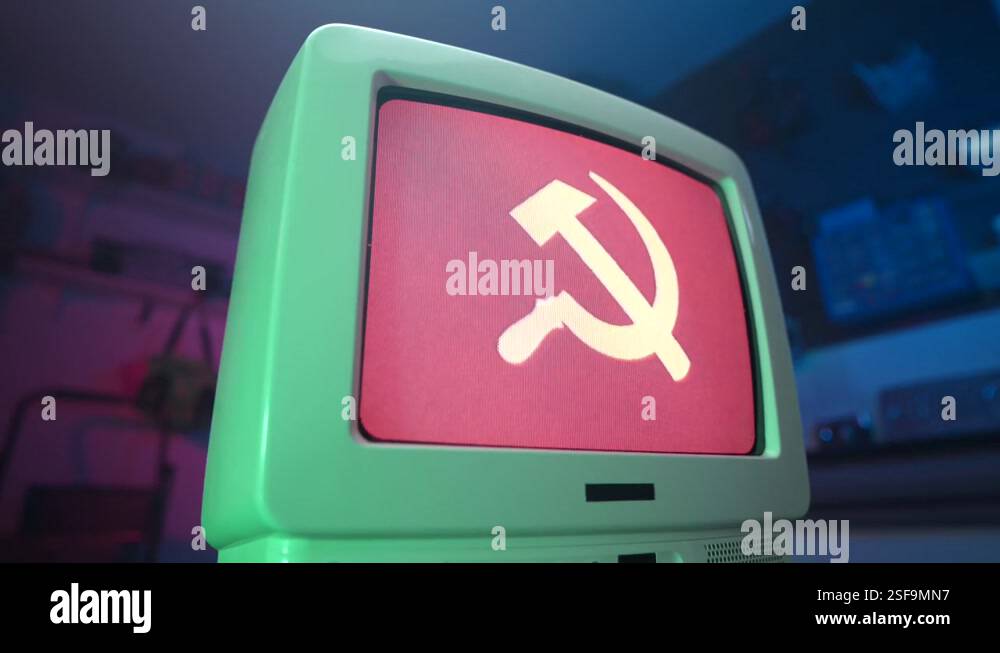 Communist Flag on Old Vintage Retro TV Screen from 80s 90s Closeup ...