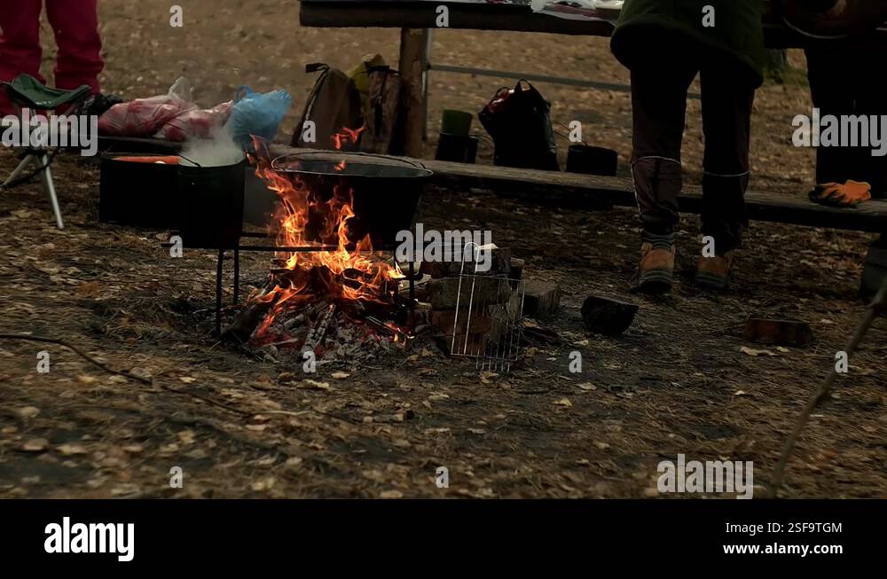 People sit around the campfire at night. Tourists rest at a rest stop ...