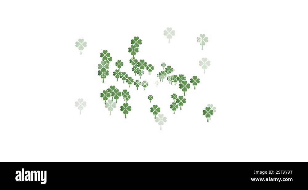 Multiple clover leaves floating and green light trails against white ...