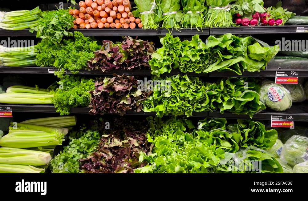Slow long pan of a beautiful fresh produce wall in a retail grocery ...