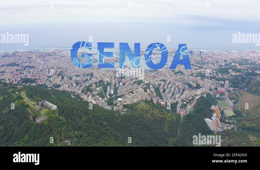 Inscription on video. Genoa, Italy. Central part of the city, aerial ...