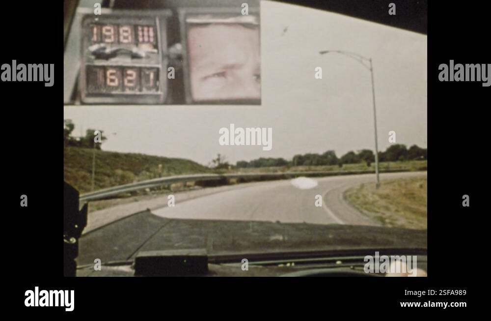 1980s: Numbers counting up on device. Eye looking around. Cars driving ...