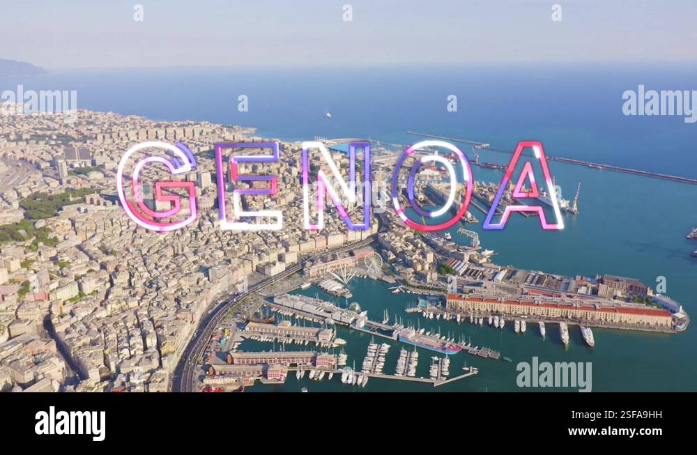 Inscription on video. Genoa, Italy. Central part of the city, aerial ...