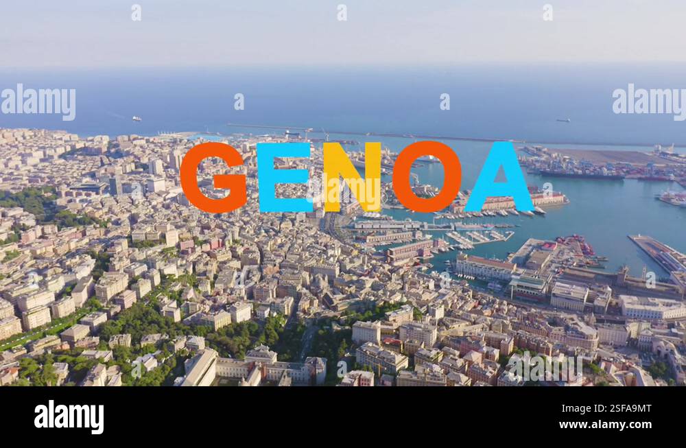 Inscription on video. Genoa, Italy. Central part of the city, aerial ...