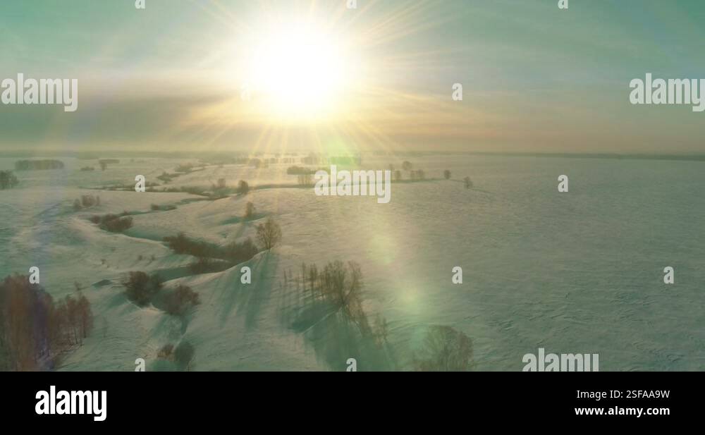 Aerial view of cold winter landscape arctic field, trees covered with ...