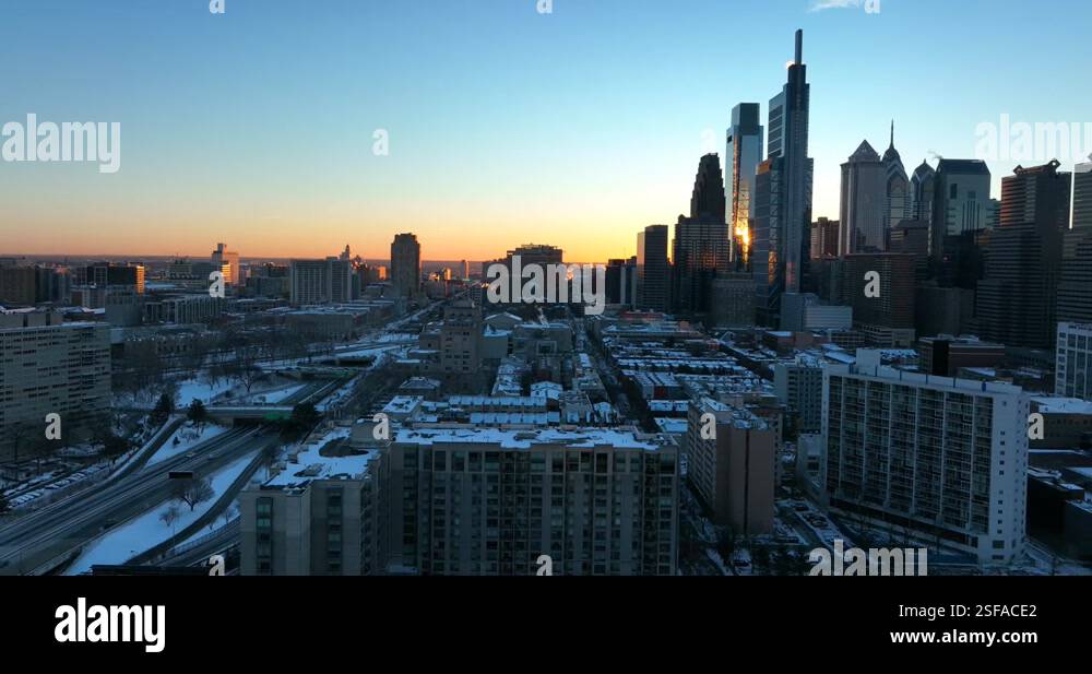 Urban skyline. Skyscrapers and apartments in American city in winter ...