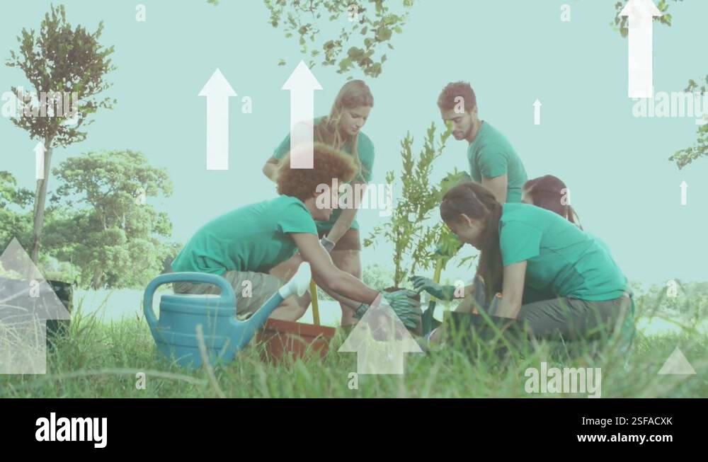 Animation of arrows icons over happy diverse group planting tree in ...
