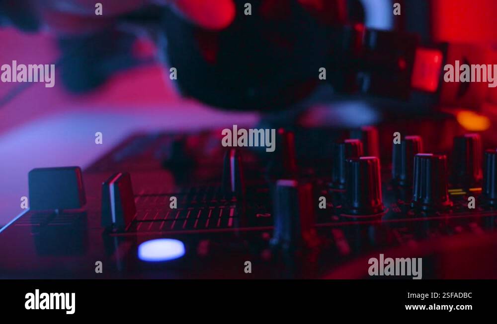 DJ mix studio audio tracks mixing buttons pads decks mixing console ...