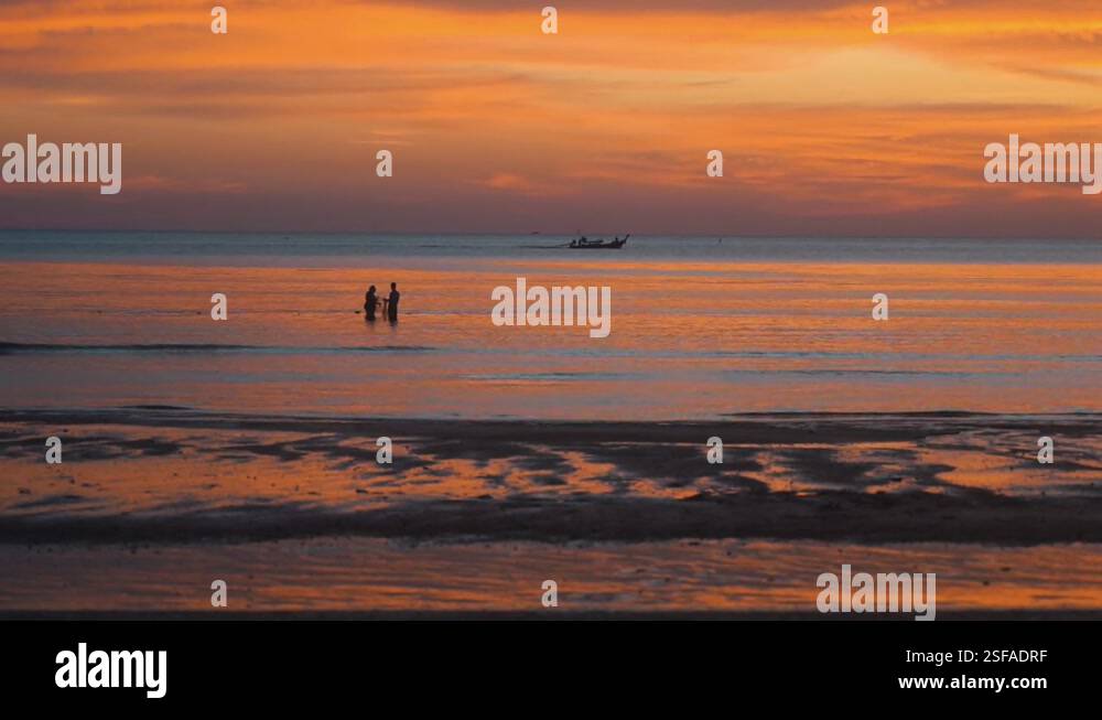 Two people untie the knots from the fishing net while a traditional ...