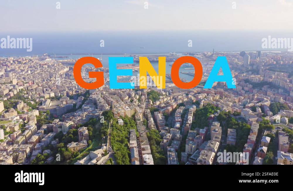 Inscription on video. Genoa, Italy. Central part of the city, aerial ...