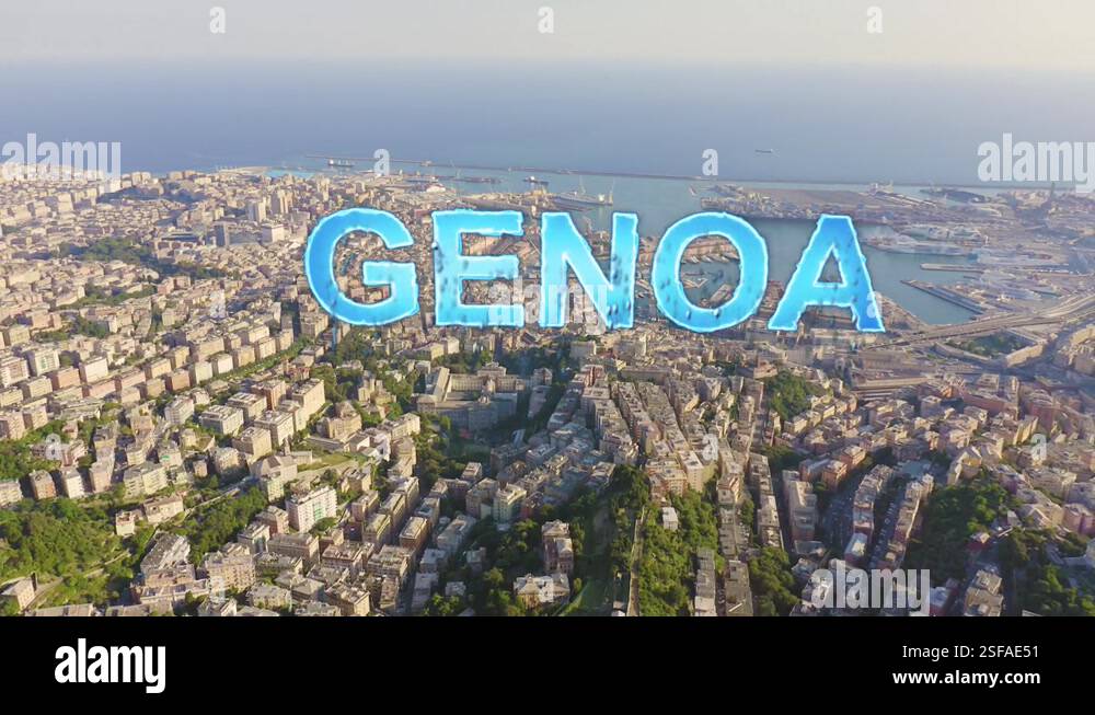 Inscription on video. Genoa, Italy. Central part of the city, aerial ...