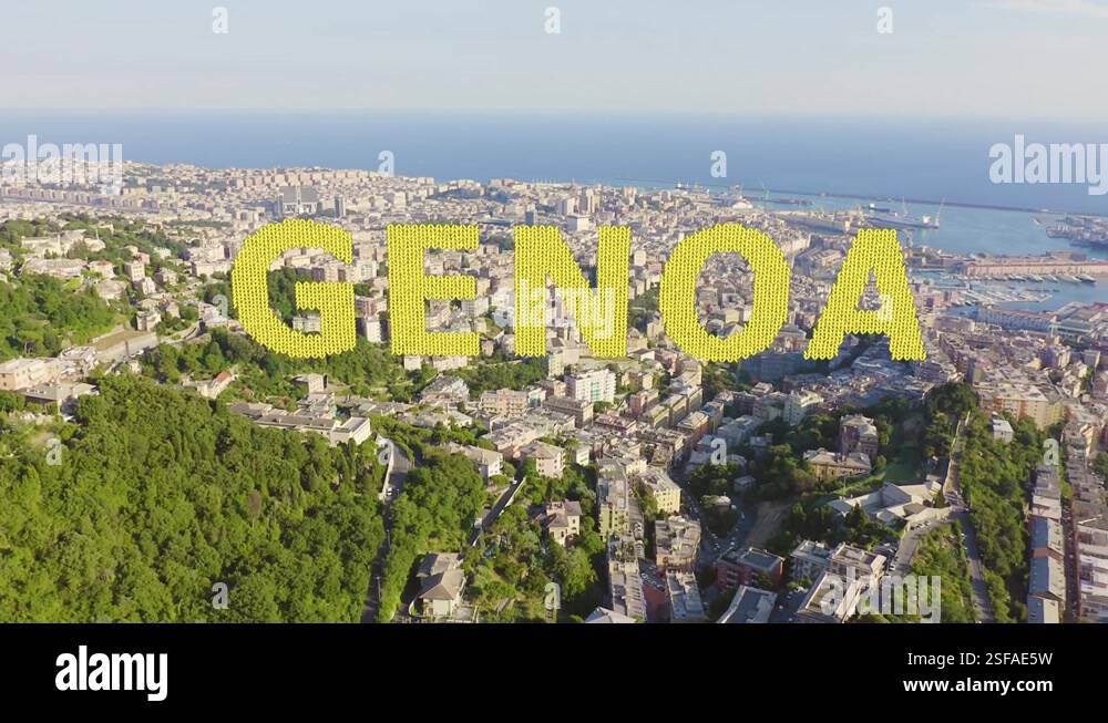 Inscription on video. Genoa, Italy. Central part of the city, aerial ...