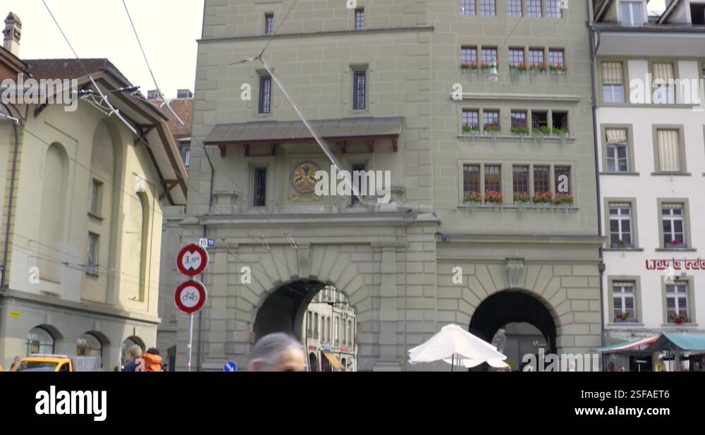 Tilt down on Kafigturm tower, a medieval watchtower, Bern, Switzerland ...