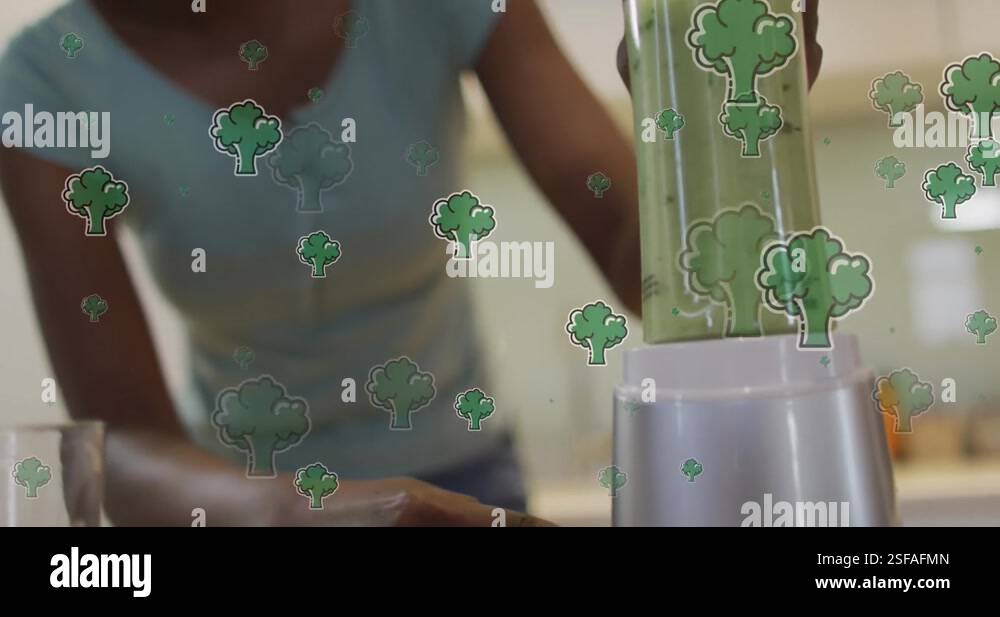 Animation of broccoli over african american woman preparing smoothie in ...