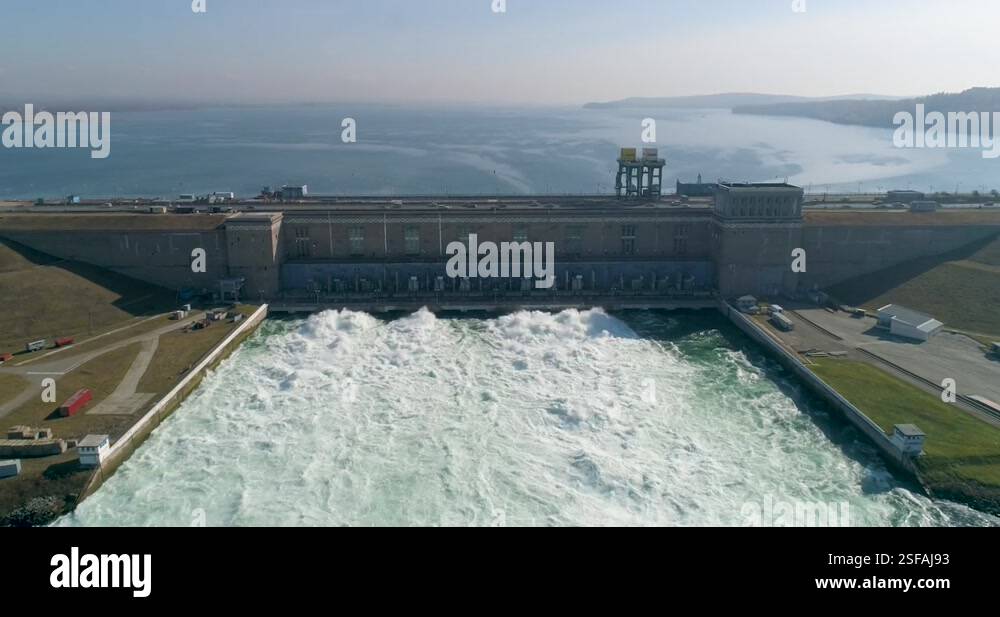Water Dam and Reservoir Lake Aerial Drone Footage in Siberia Angara ...