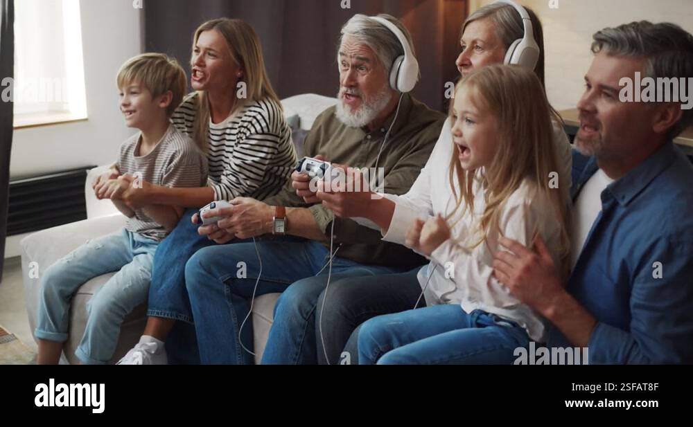 Joyful Big Family cheering Grandparents in Headphones while they ...