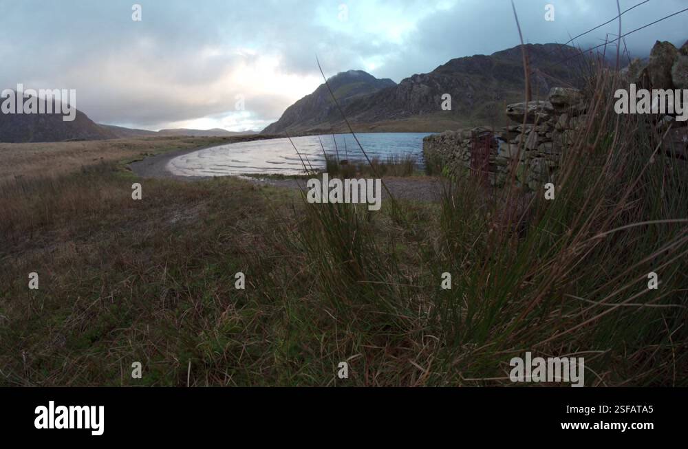 Snowdonia national park scene with long grass and mountain lake ...
