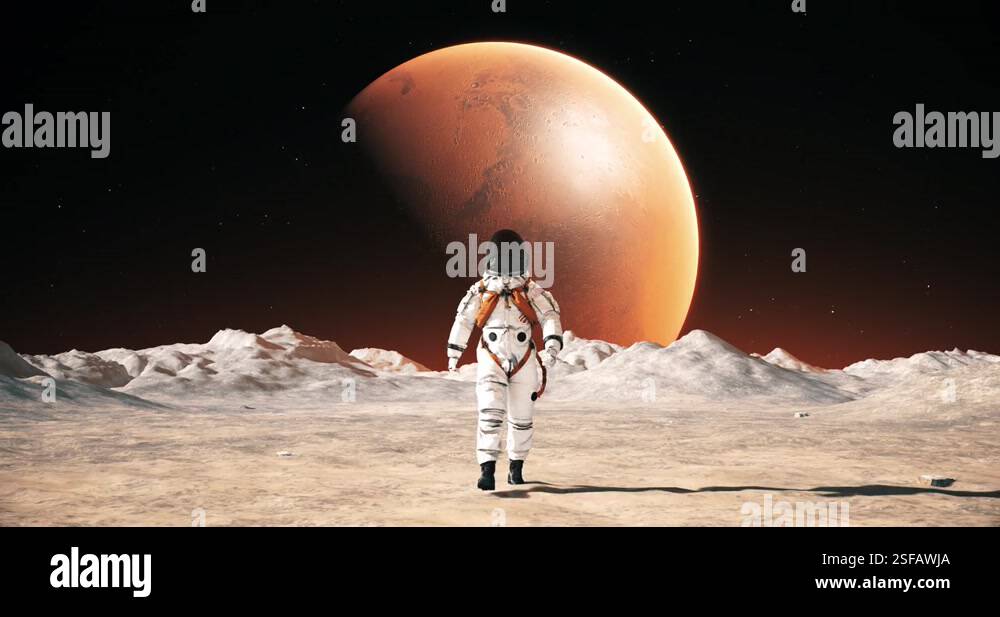 Astronaut Walking On A Planet Surface. Making First Steps In Slow ...
