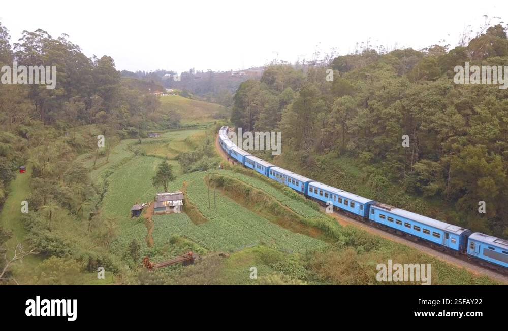 Aerial drone footage of the moving train in Sri Lanka. The train ...