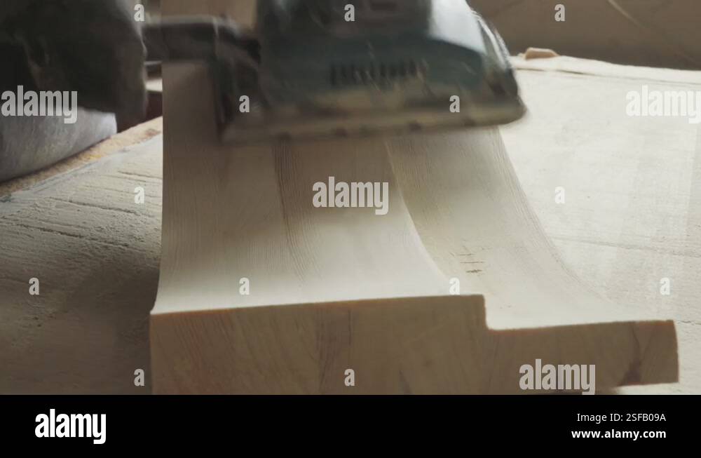 Close-Up Of Professional Wood Grinding Process At Window Frame Workshop ...