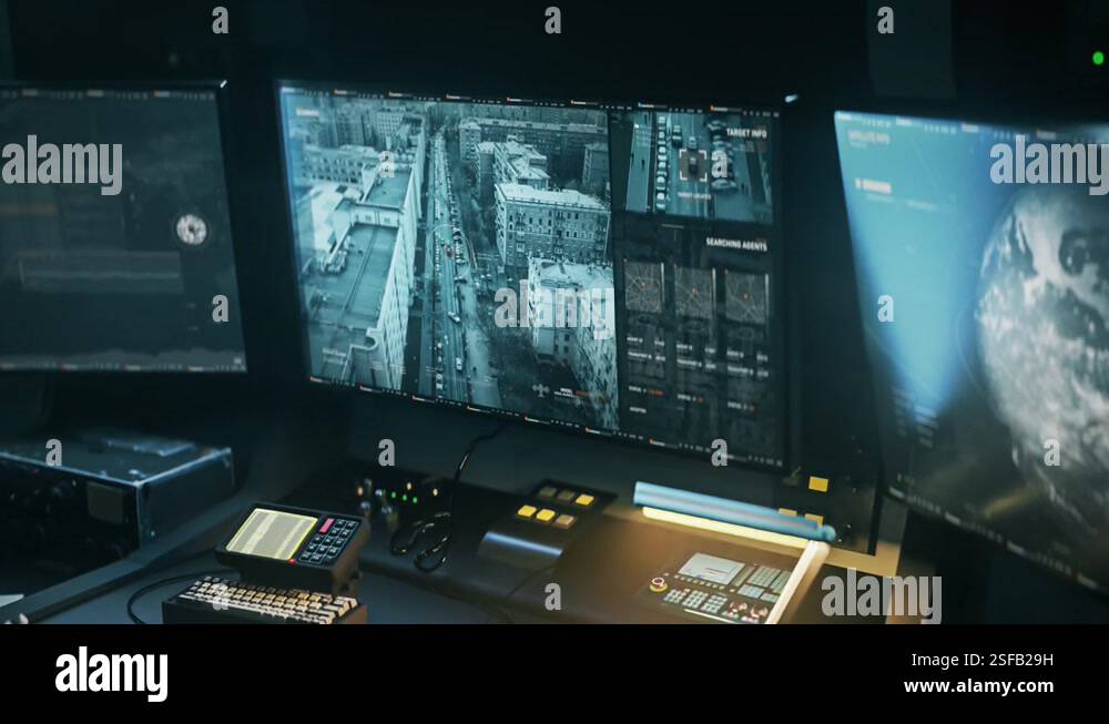 Futuristic military drone is tracking the moving vehicle from a long ...