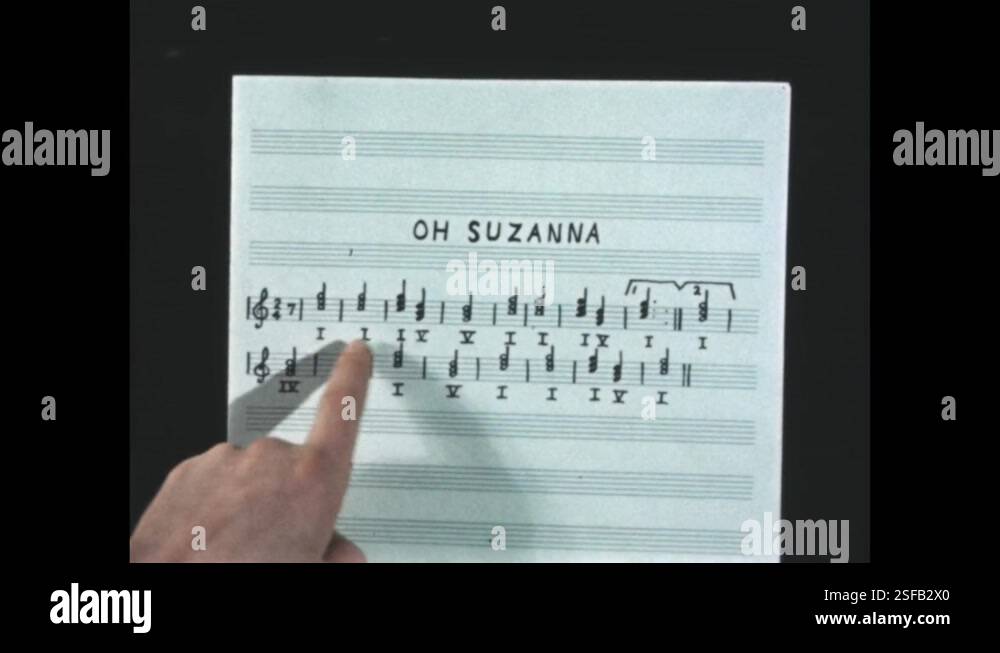 1950s: Fingers point to notes on sheet music for Oh Suzanna Stock Video ...
