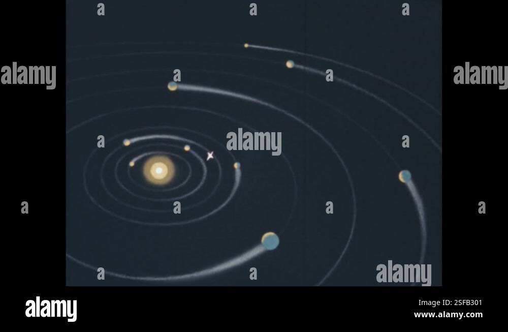1950s: Illustration of solar system, rocket passes planets, zoom out ...